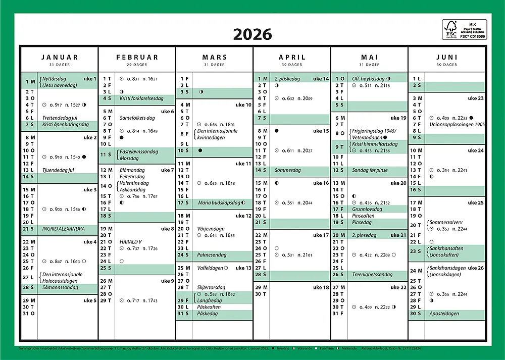 7.sans Kontorkalender enkel A4 2026 | ARK.no