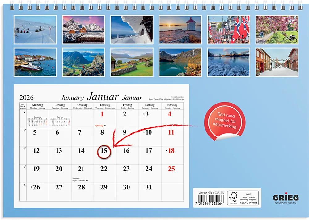 Magnetkalender GRIEG 2026 Vakre Norge | ARK.no